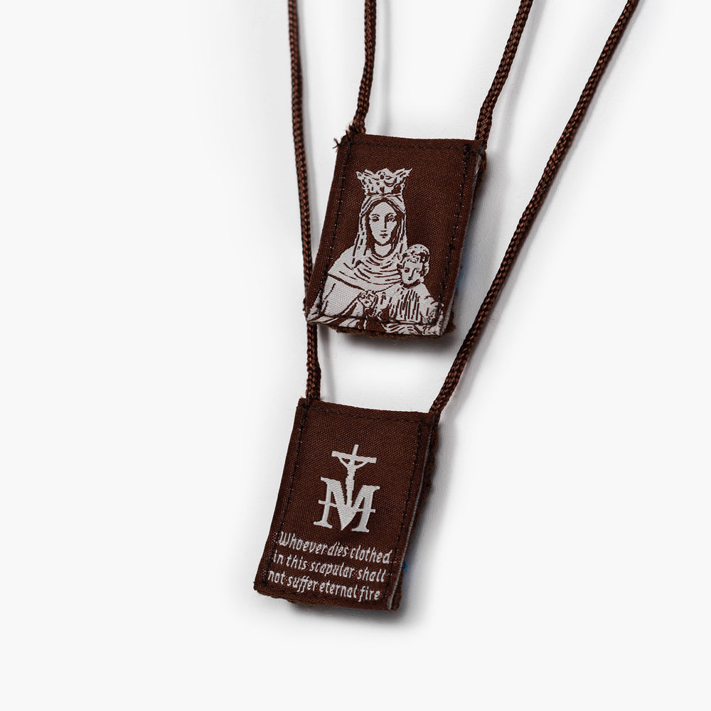 Premium Brown Scapular, Brown & Cream, Our Lady of Mt. Carmel with Pro